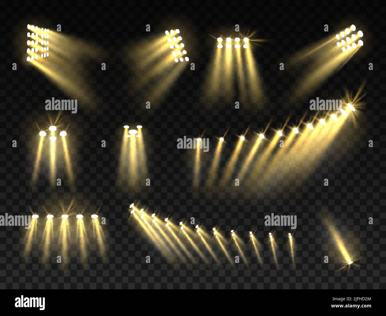 Football stadium lights. 3d warm spotlights, bright yellow studio lamps ...