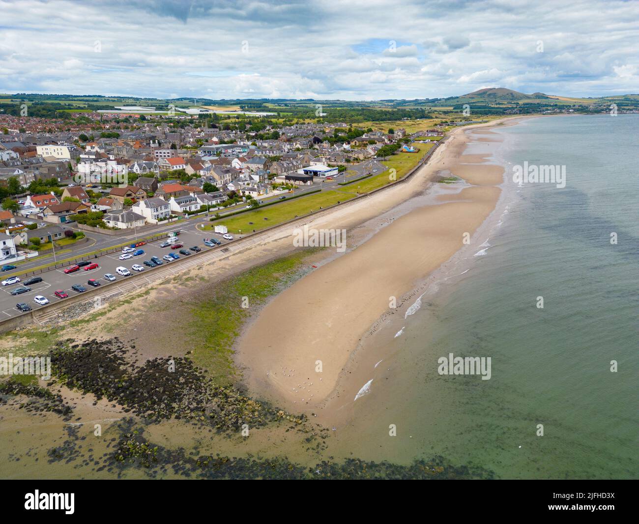 Aerial view from drone of beach and seafront of Leven in Fife, Scotland ...