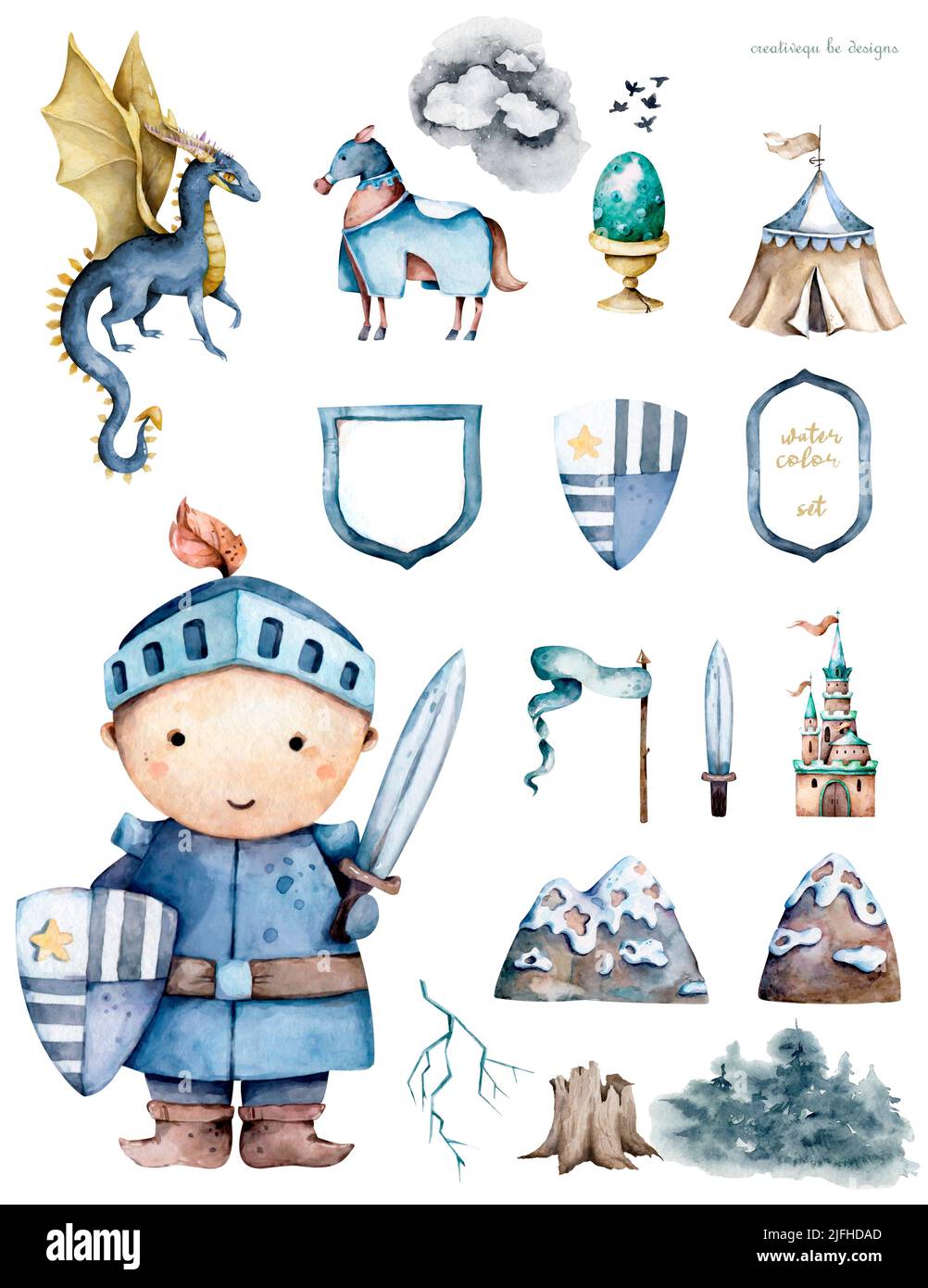 The brave cute little knight and the castle. Adventure collection. Hand ...