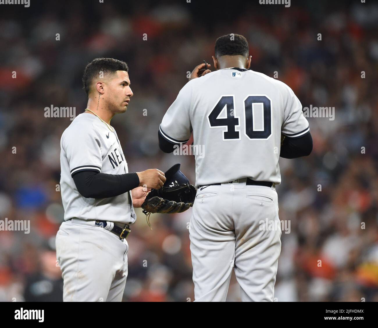 New York Yankees second baseman Gleyber Torres (25) hands New York ...
