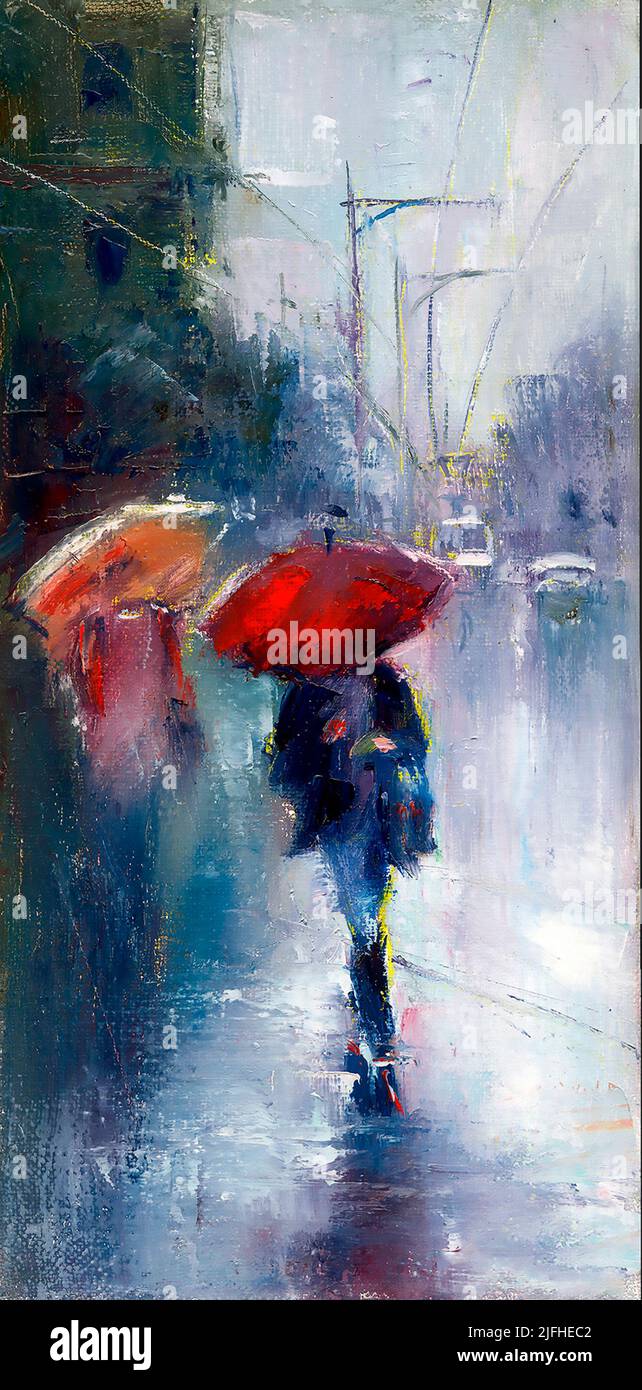 Umbrellas In The Rain Painting