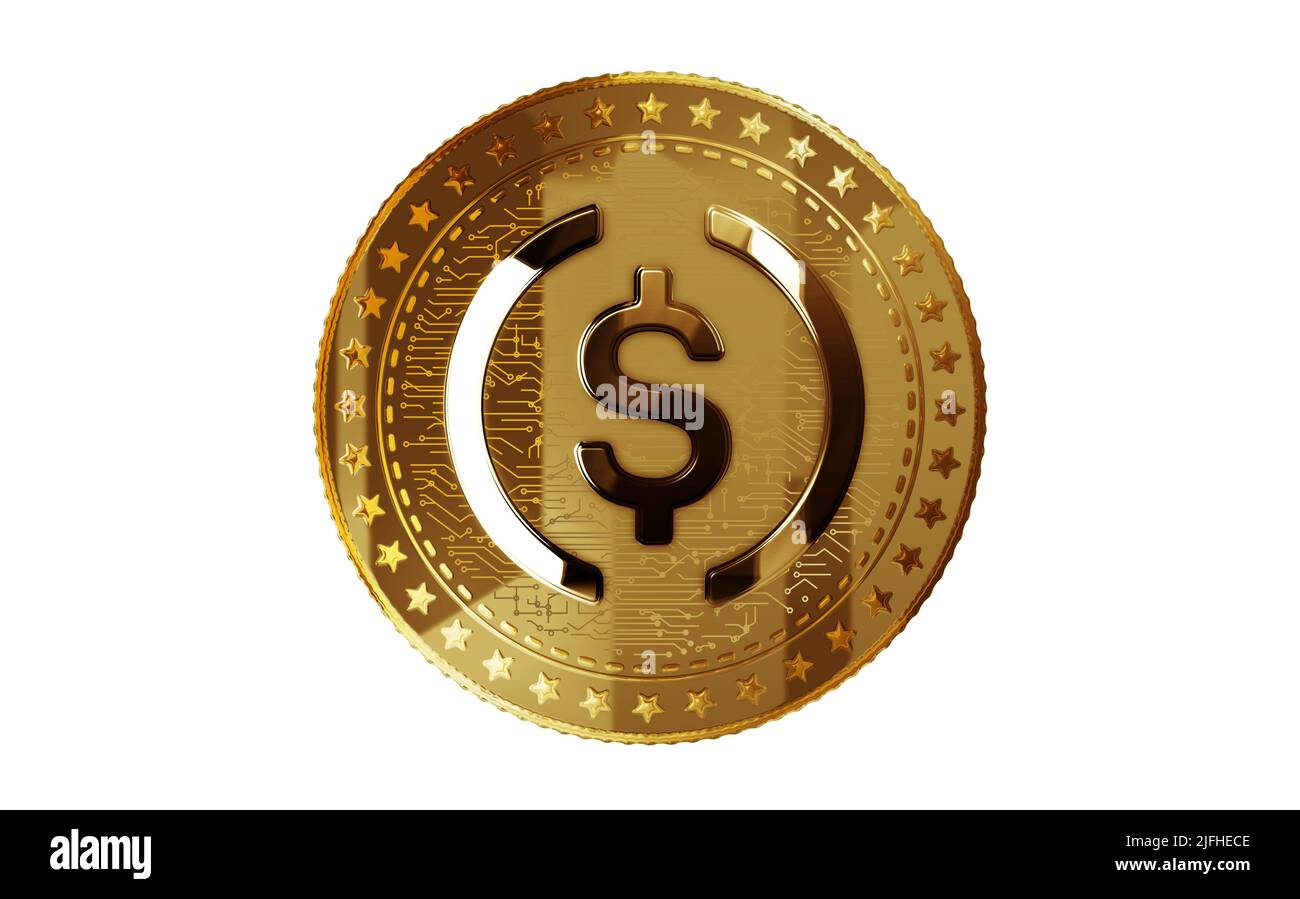 USDC USD Coin stablecoin cryptocurrency isolated gold coin on green ...