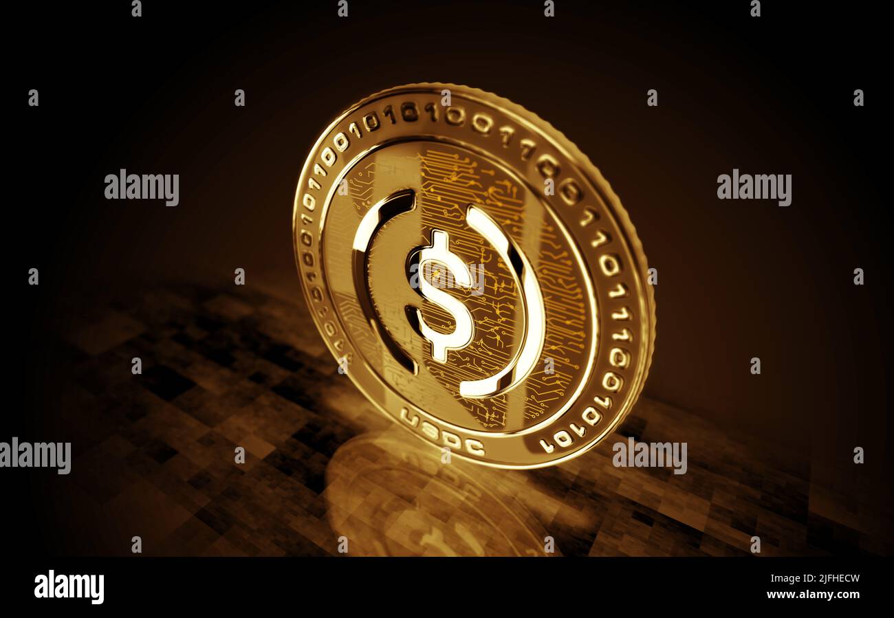 USDC USD Coin stablecoin cryptocurrency gold coin on green screen background. Abstract concept ...