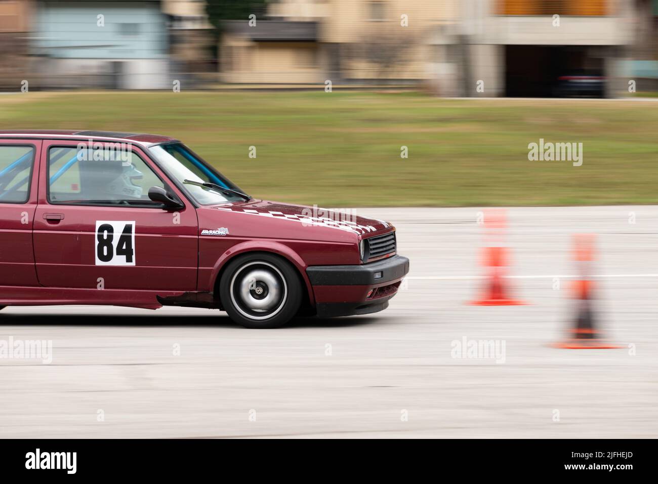 Ambri, Ticino, Switzerland, April 3, 2022 Car test racing along the ...