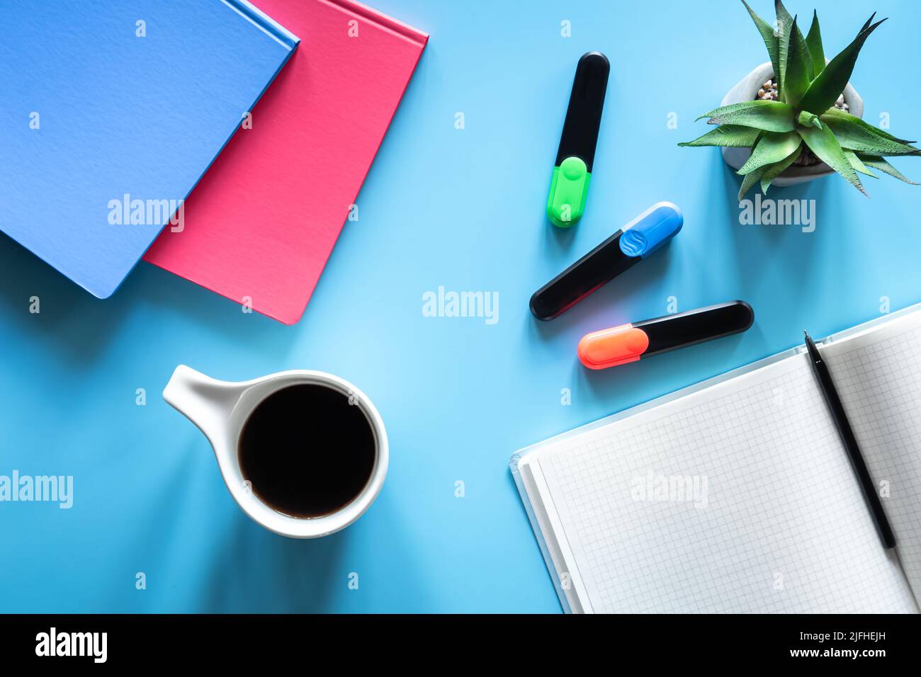 Flat lay with stationery items, pupil and student workplace concept ...