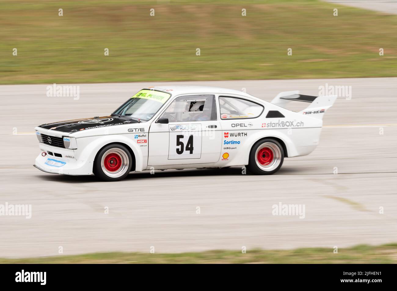 Ambri, Ticino, Switzerland, April 3, 2022 Car test racing along the ...