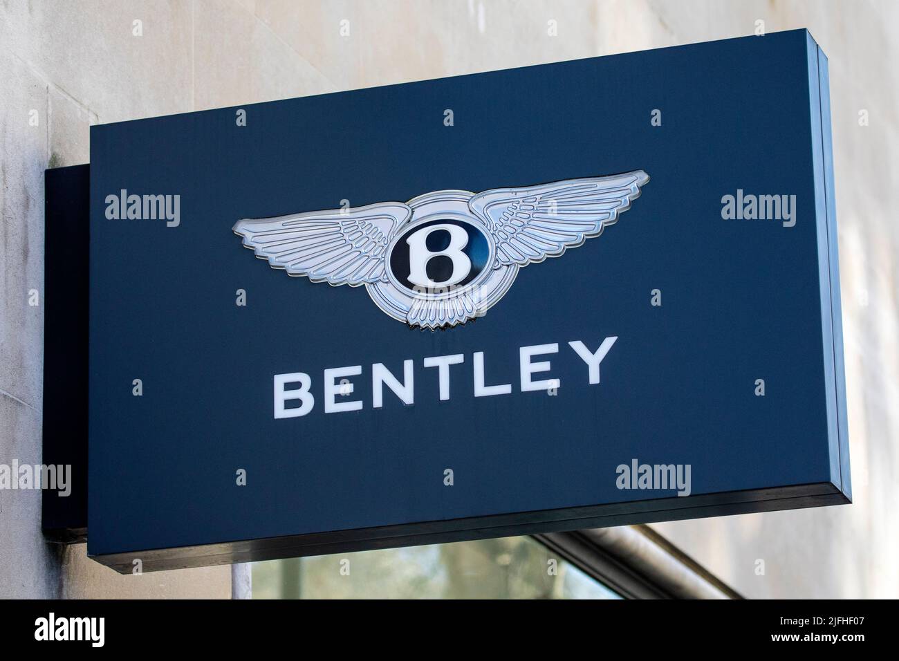London, UK - March 8th 2022: The Bentley logo above the entrance to one ...