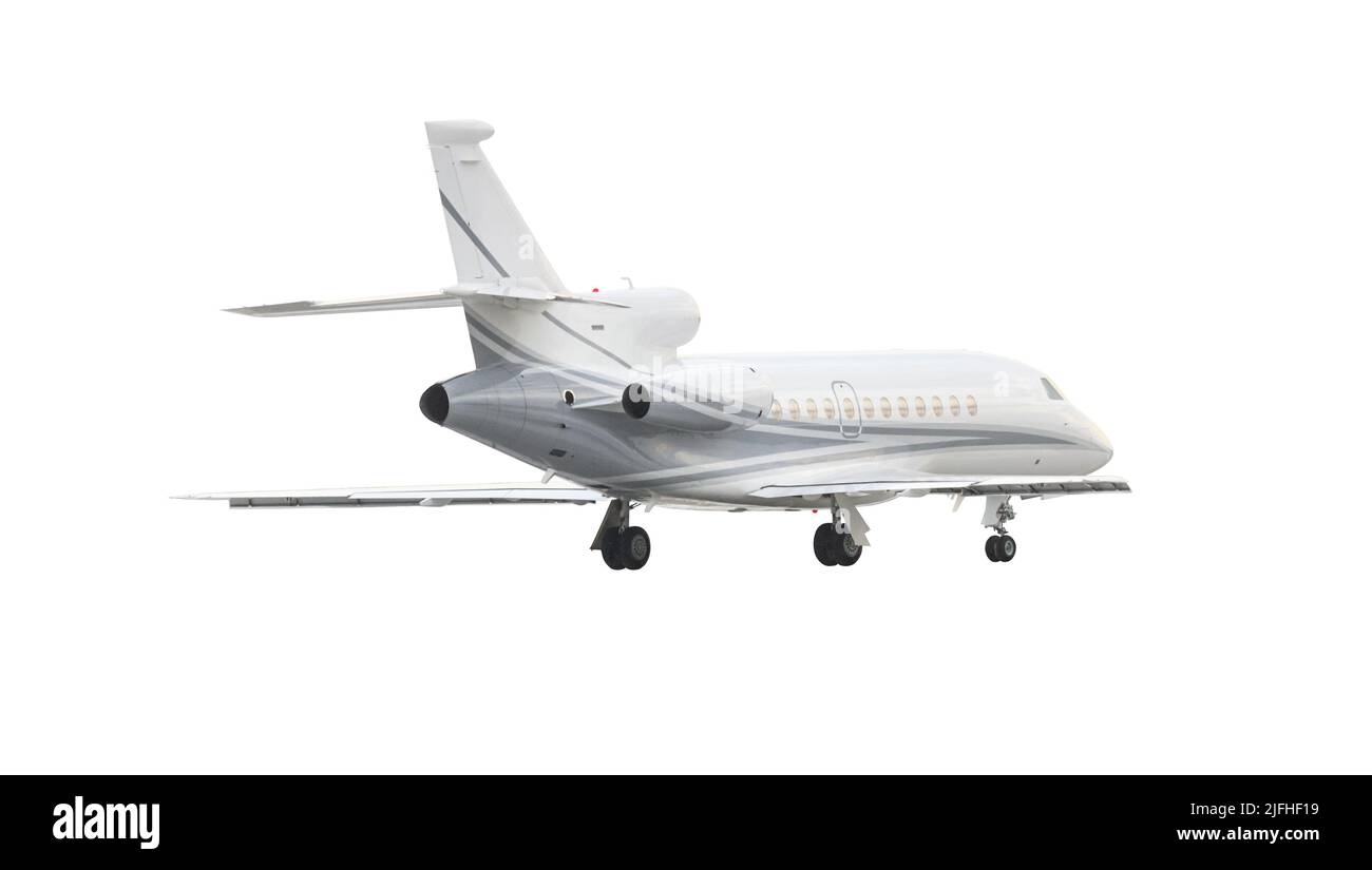 Modern corporate business jet during flight, isolated on white ...
