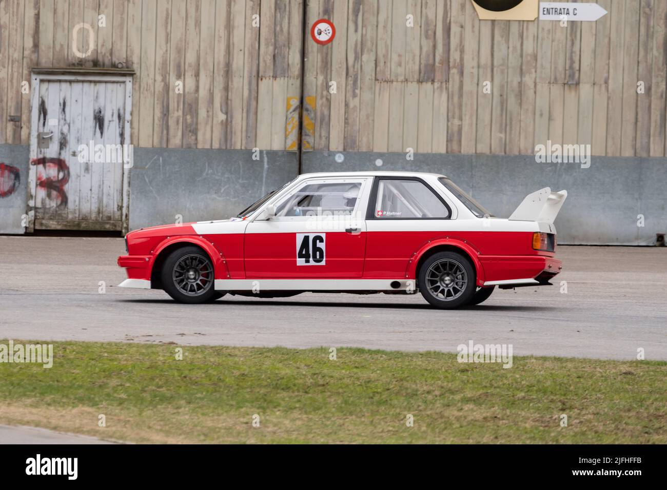 Ambri, Ticino, Switzerland, April 3, 2022 Car test racing along the ...