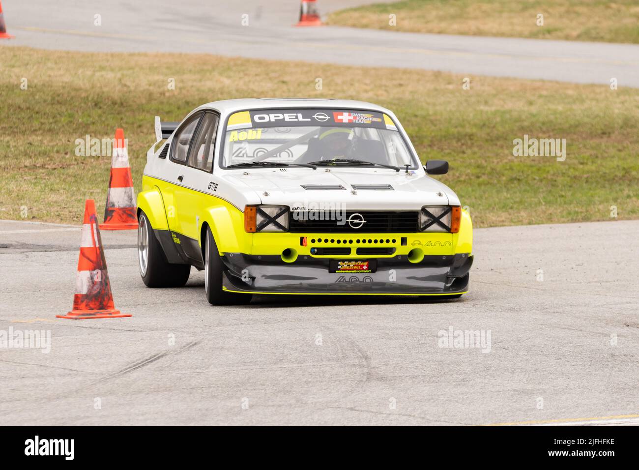 Ambri, Ticino, Switzerland, April 3, 2022 Car test racing along the ...