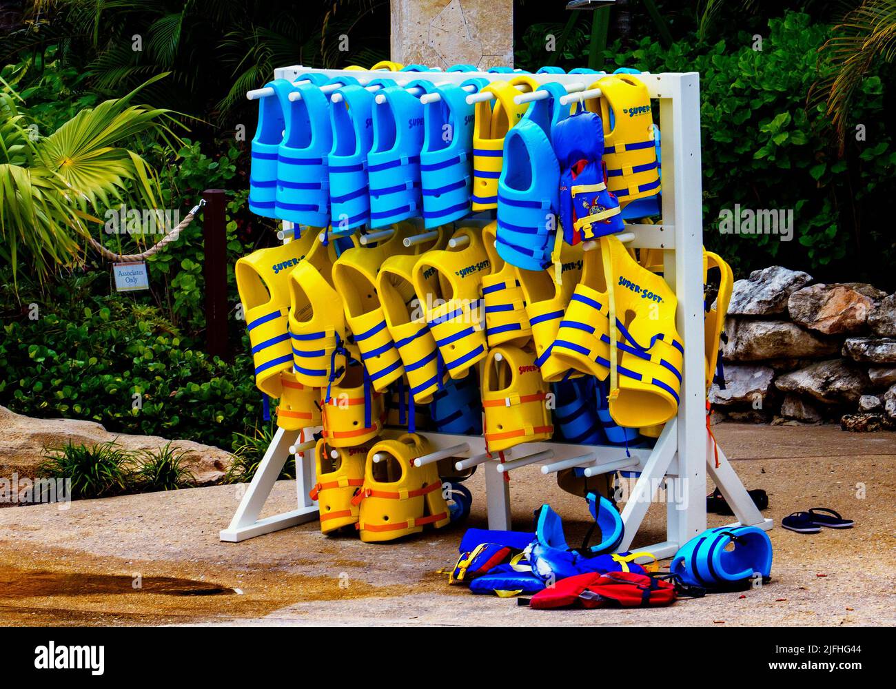 Life jackets ready at a waterpark Stock Photo - Alamy