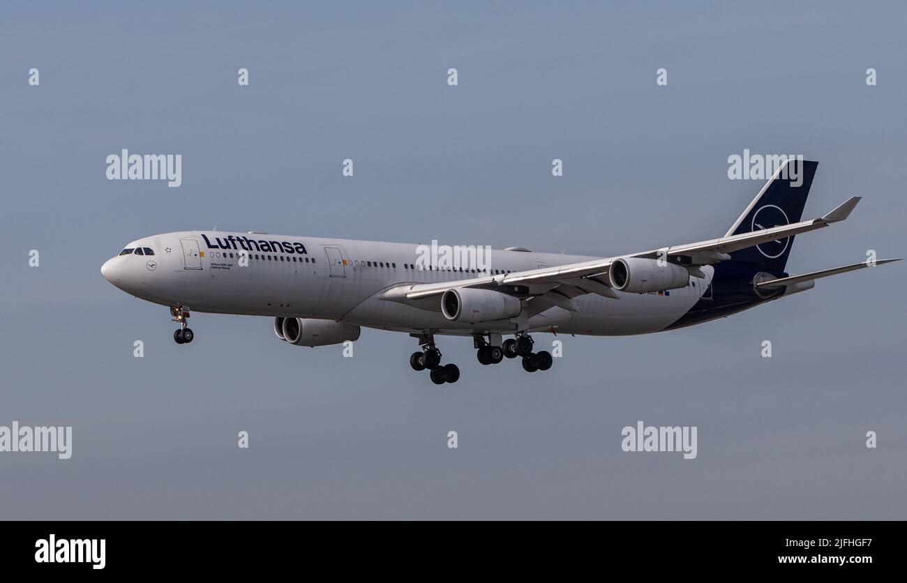 The Lufthansa airplane flying in the sky. Everett, Washington, United ...