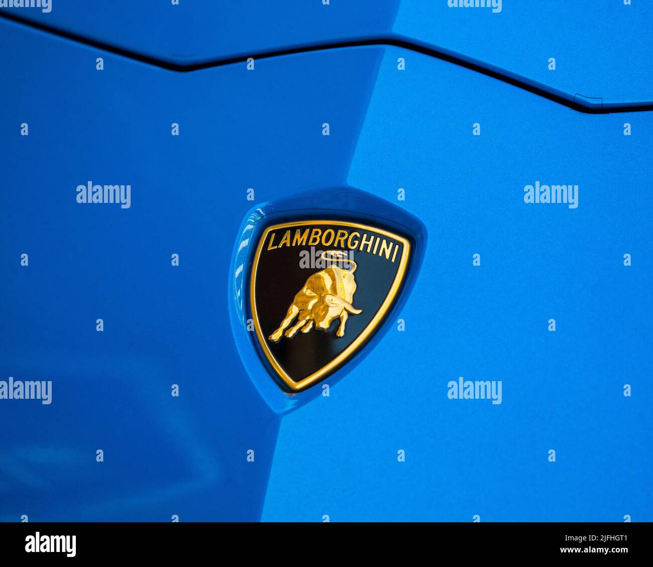 London, UK - March 8th 2022: Close-up of the Lamborghini badge on one ...