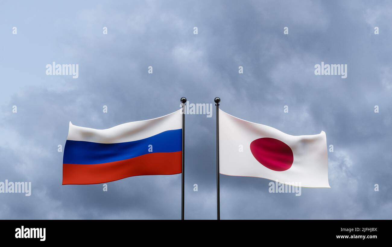 Russia and Japan flags, Blue sky and flag Russia vs flag Japan, Russia ...