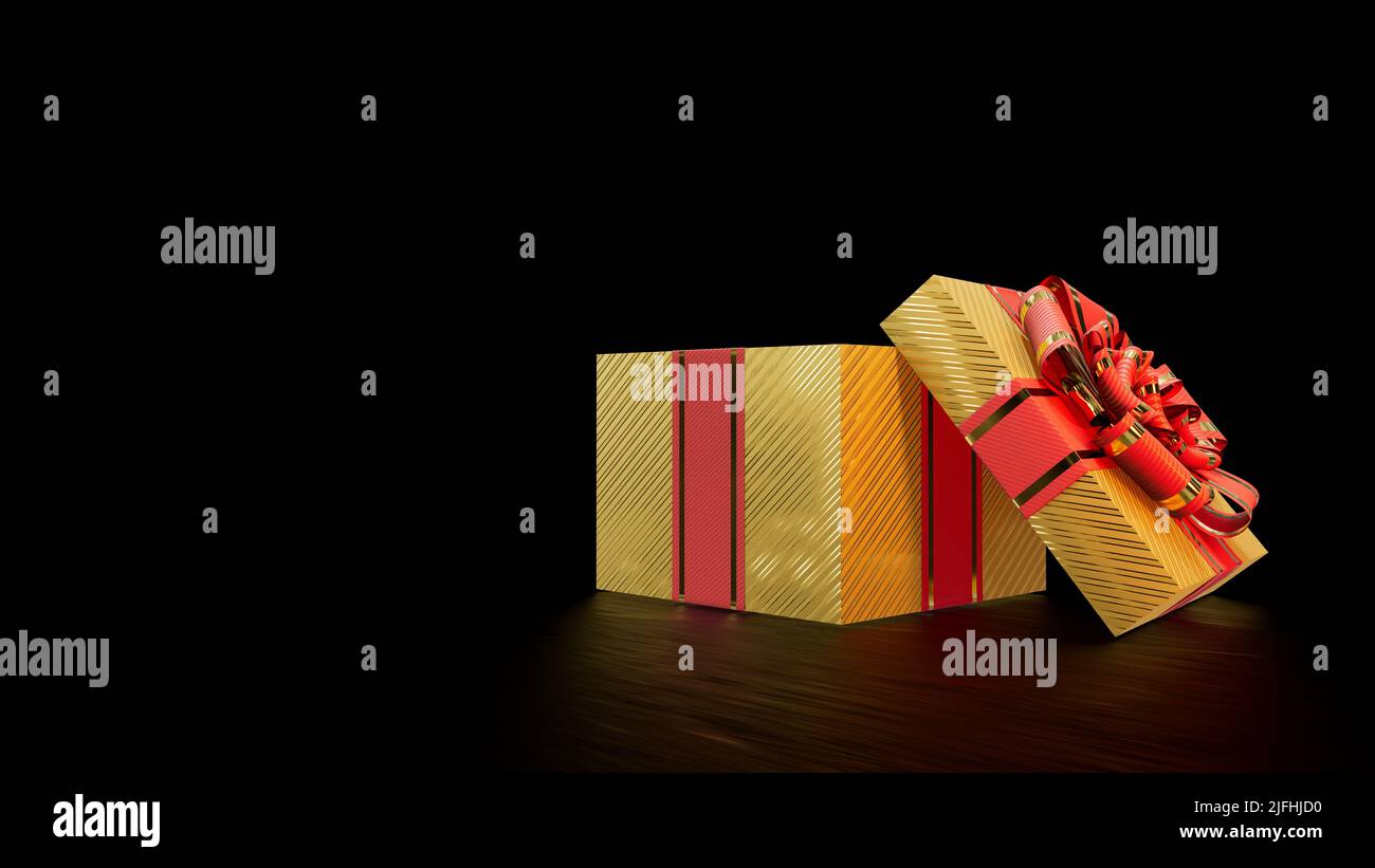 opened decorated gold and red present on black, isolated - object 3D ...