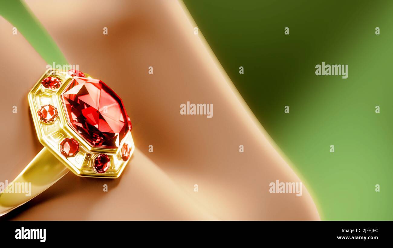 golden ring on finger with red ruby gem stone, fictive - object 3D ...