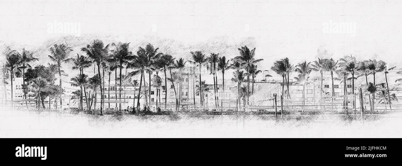 Miami Beach Ocean Drive hotels and restaurants at sunset. City skyline ...