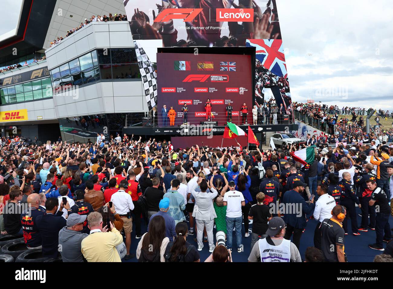 Silverstone, UK. 03rd July, 2022. The podium (L to R): Sergio Perez ...