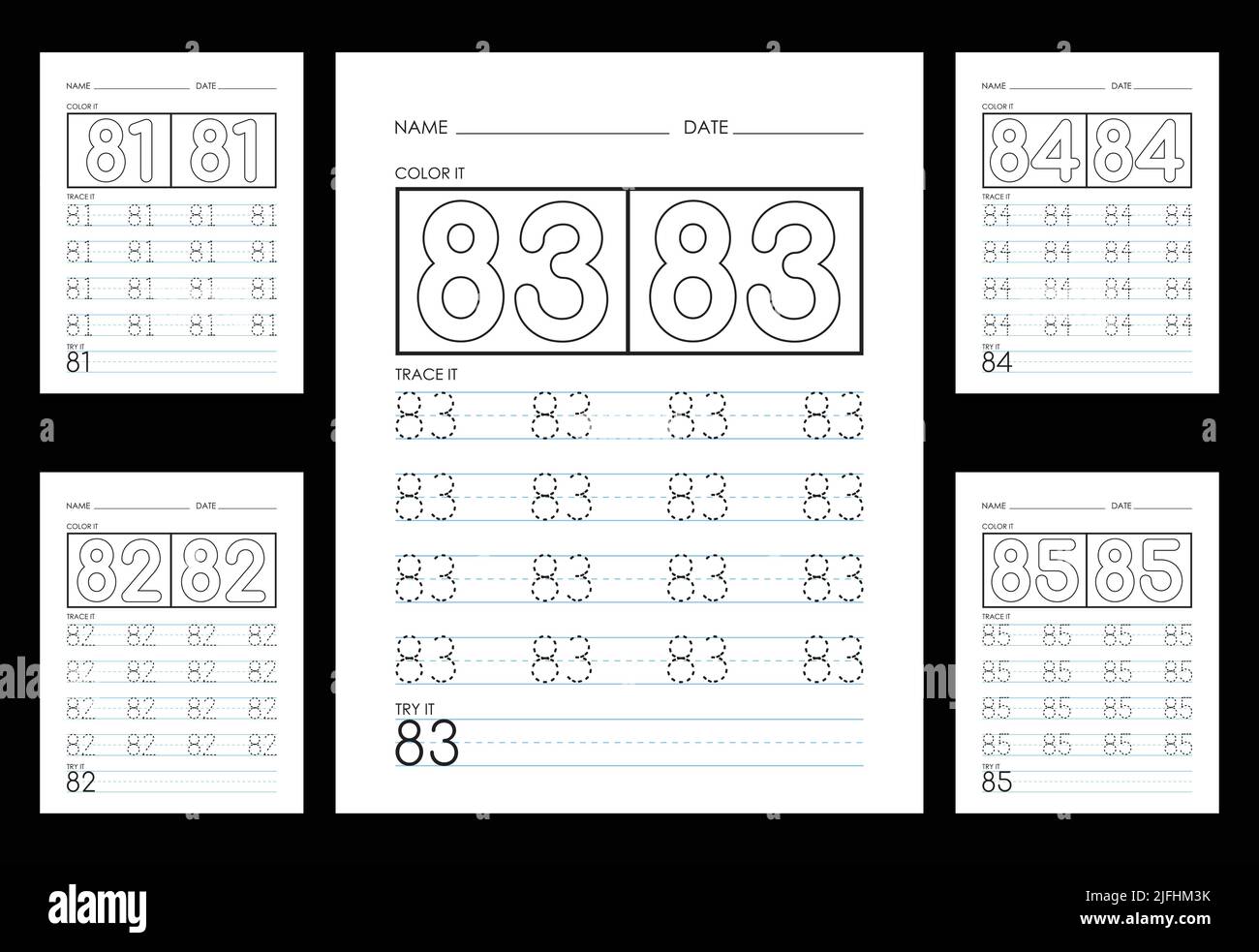 Tracing And Coloring Numbers Worksheets Learn Numbers Stock Vector ...