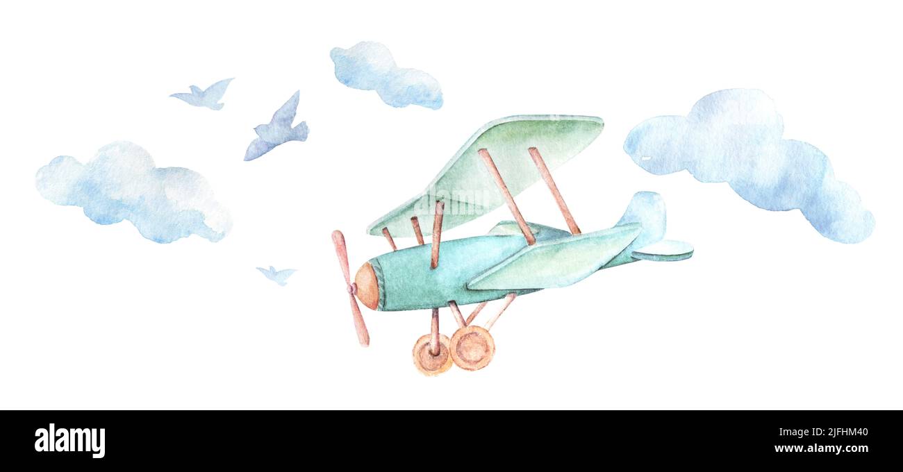 Baby shower banner. Watercolor baby clipart airplane, birds fly, clouds ...
