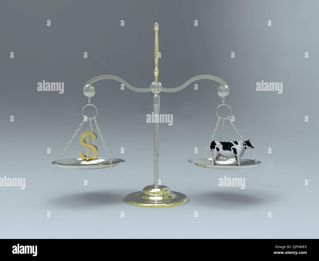 Scale with money symbol and cow Stock Photo - Alamy