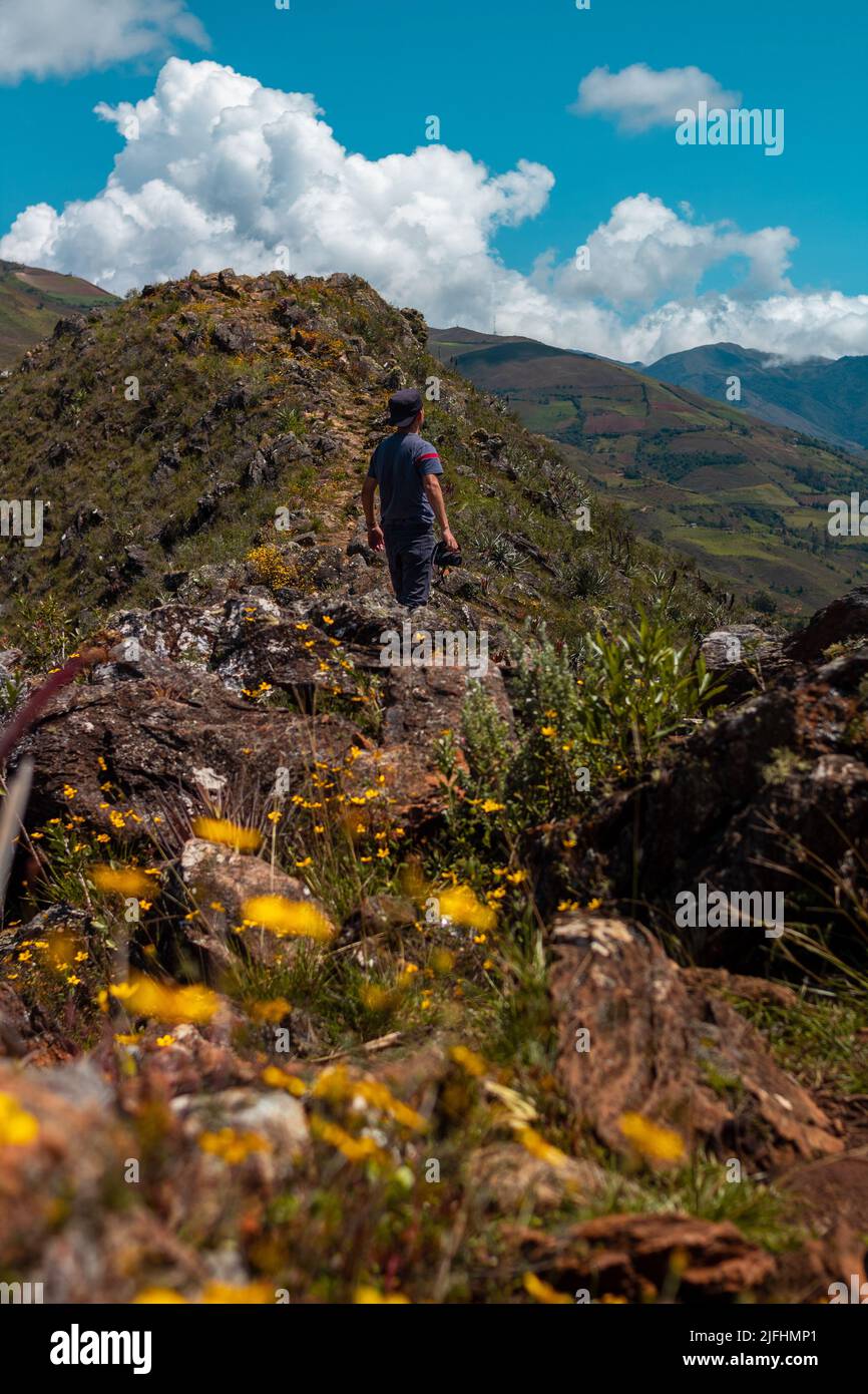 A vertical view of a man standing at a height looking at the landscape ...