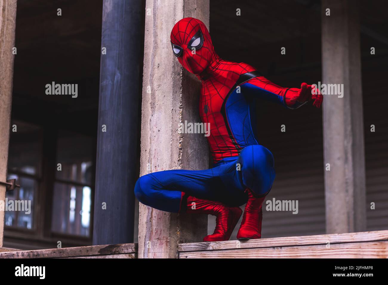 A closeup of person in the Spider-Man costume poses for photos in ...