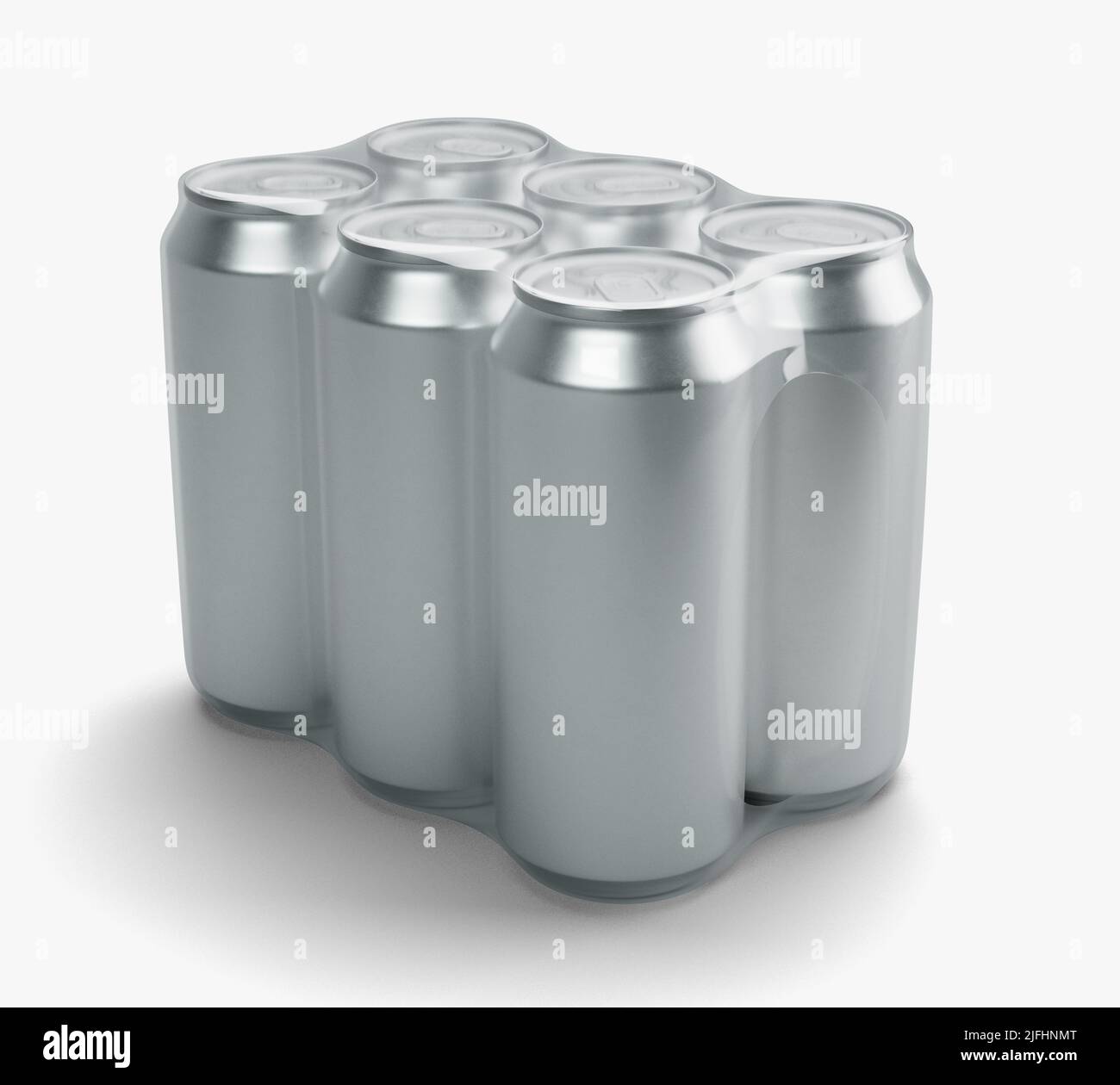 A shrink wrapped six pack of regular brushed aluminum beverage cans on ...
