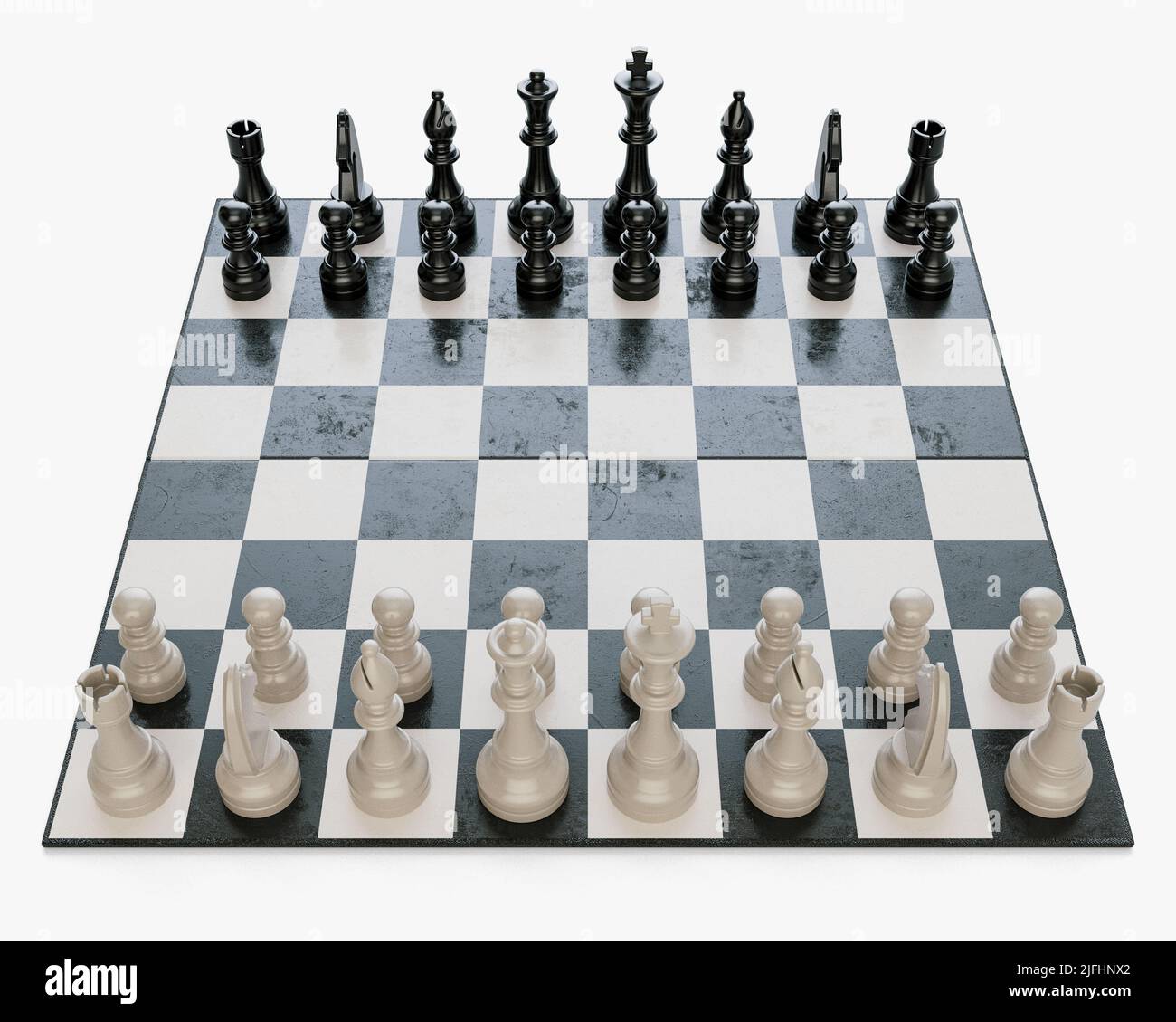A regular chess set setup to begin on a checkered board and isolated ...