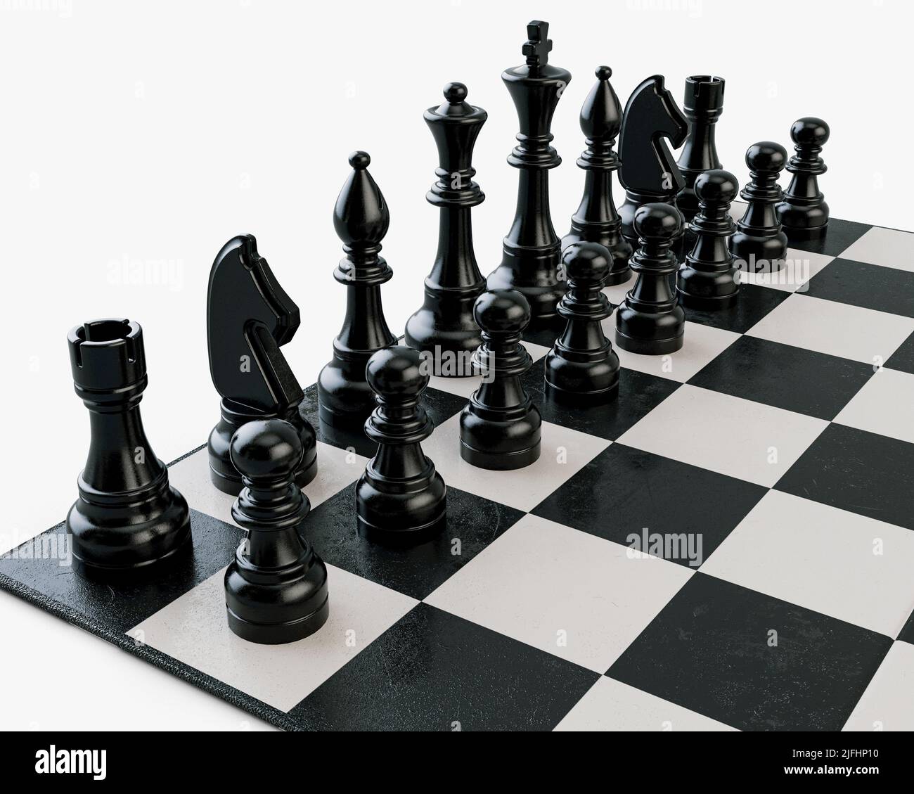 A regular chess set setup to begin on a checkered board and isolated ...