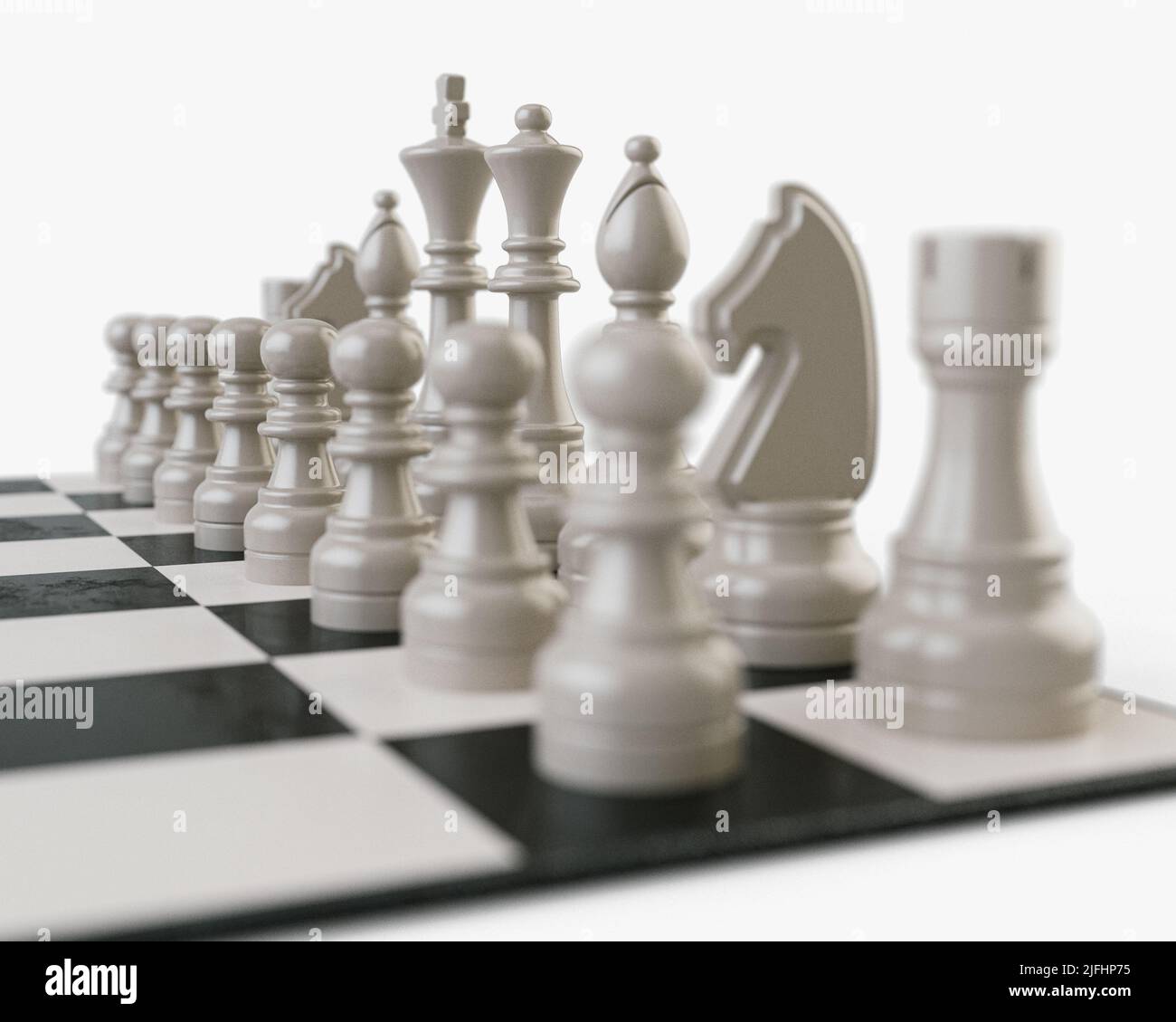 A regular chess set setup to begin on a checkered board and isolated ...