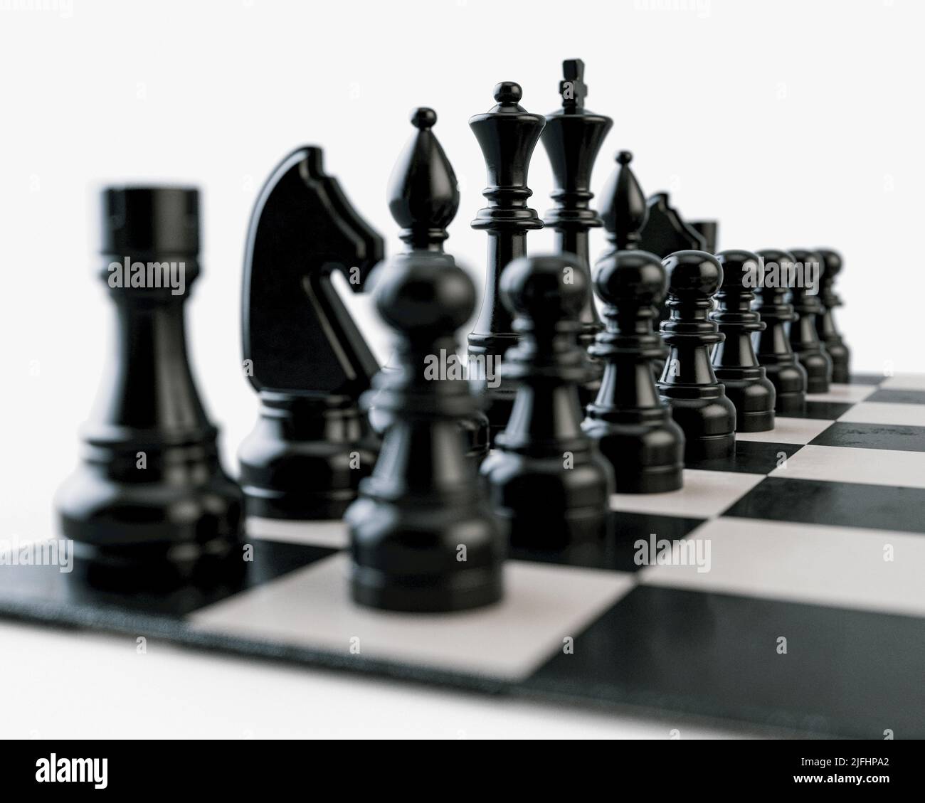 A regular chess set setup to begin on a checkered board and isolated ...