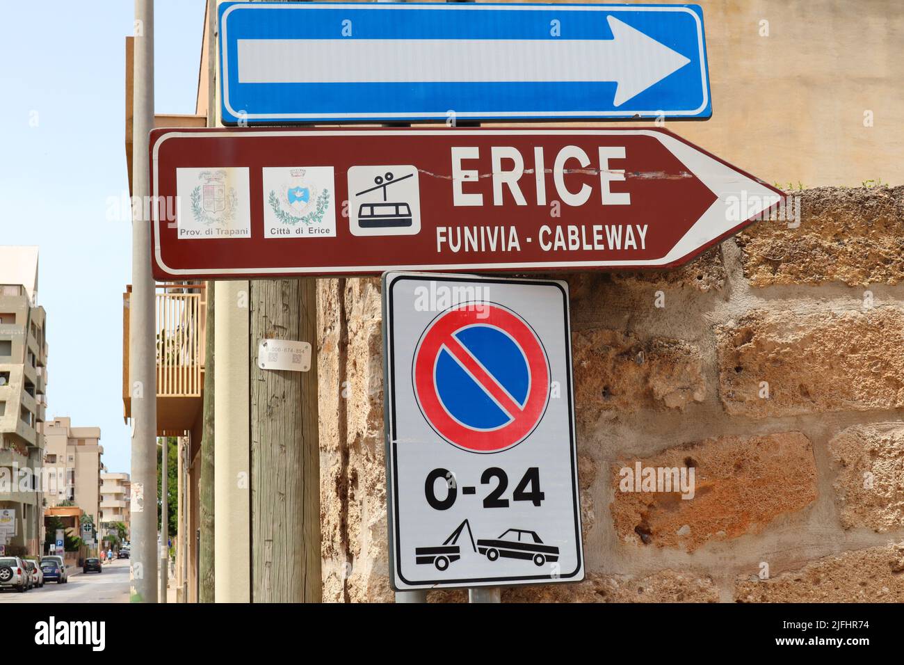 Trapani, Sicily (Italy): Indication sign for the Cableway station from ...