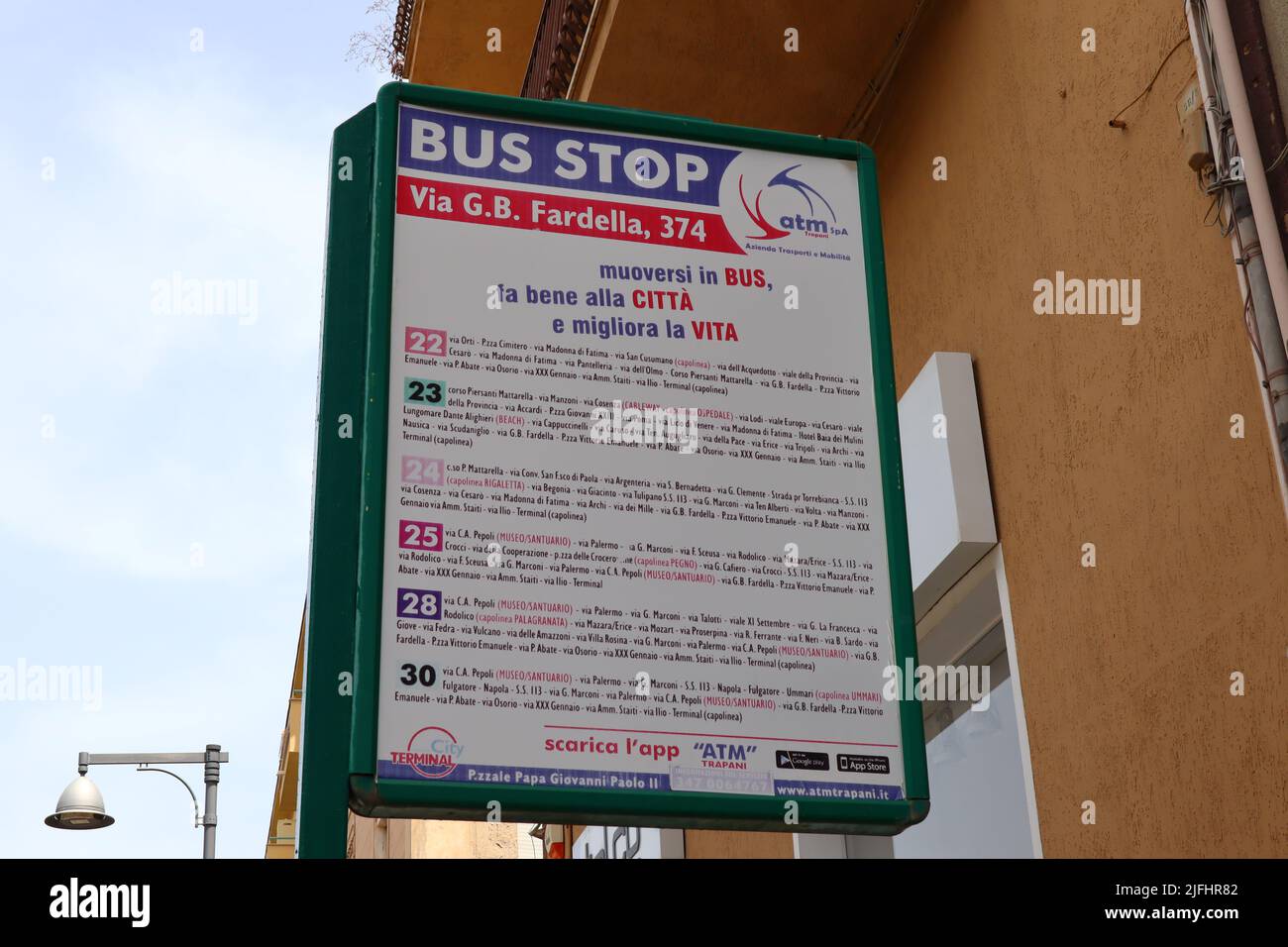 Trapani, Sicily (Italy): Bus Stop sign of ATM in downtown of Trapani ...