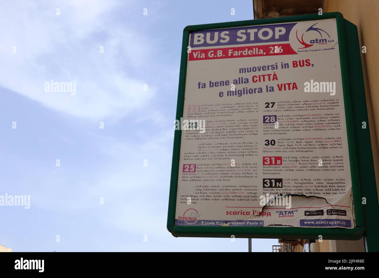 Trapani, Sicily (Italy): Bus Stop sign of ATM in downtown of Trapani ...