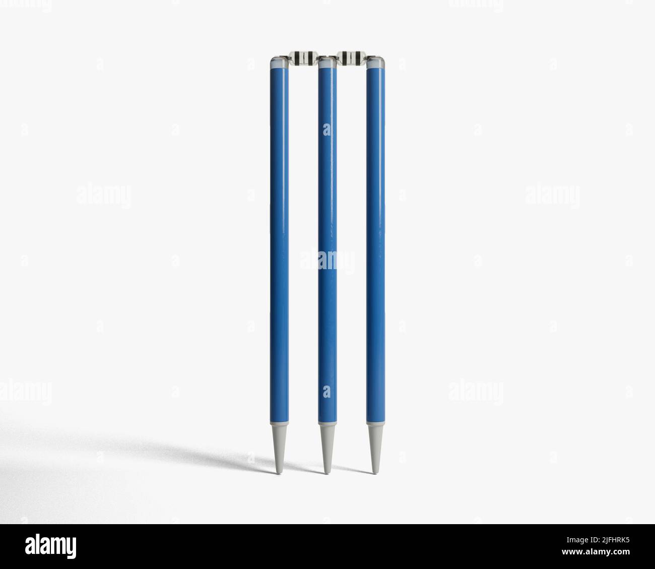 Blue modern electronic cricket wickets with bails on an isolated white ...