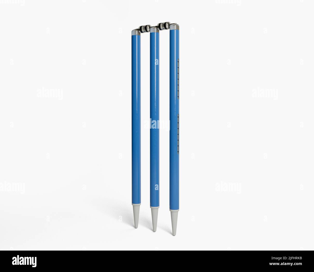 Blue modern electronic cricket wickets with bails on an isolated white ...