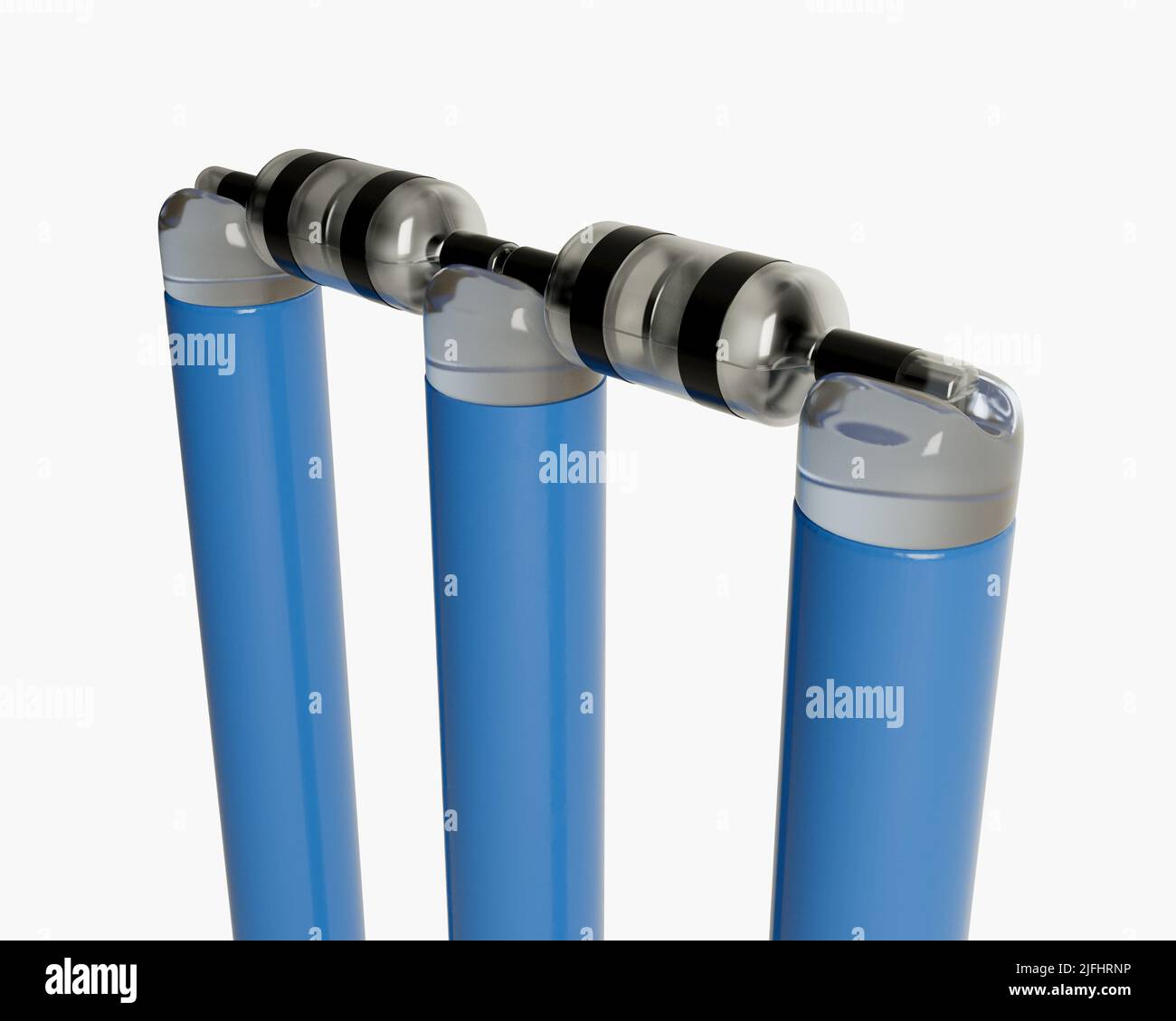 Blue modern electronic cricket wickets with bails on an isolated white ...