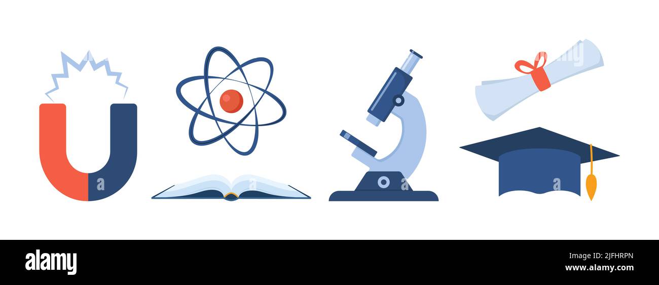 School, science and education icons. Microscope, atom, books, magnet ...