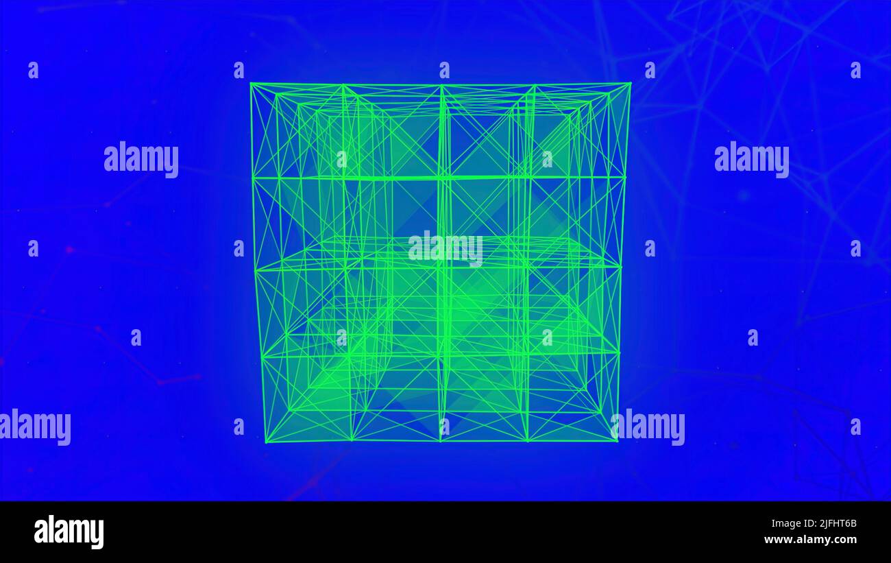 Many translucent connected. edges creating cubic shape in digital space ...