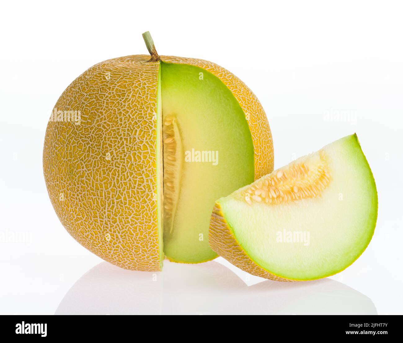 Yellow ripe melon and melon slice isolated on white bright background ...