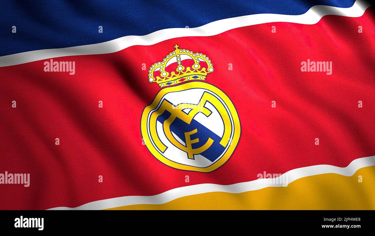 Flag of FC real madrid.Motion.Bright emblem Spanish professional ...