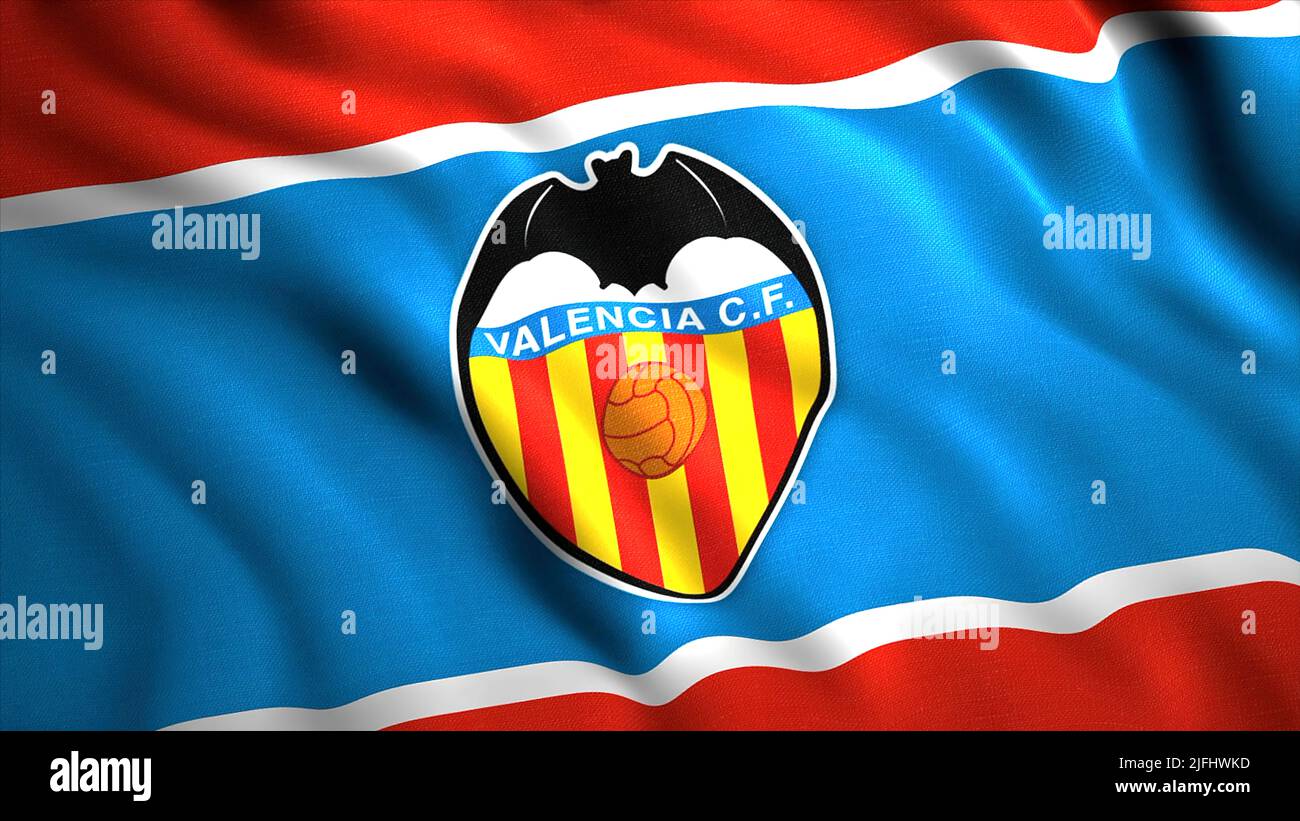 Close up of waving flag with Valencia CF football club logo. Motion ...