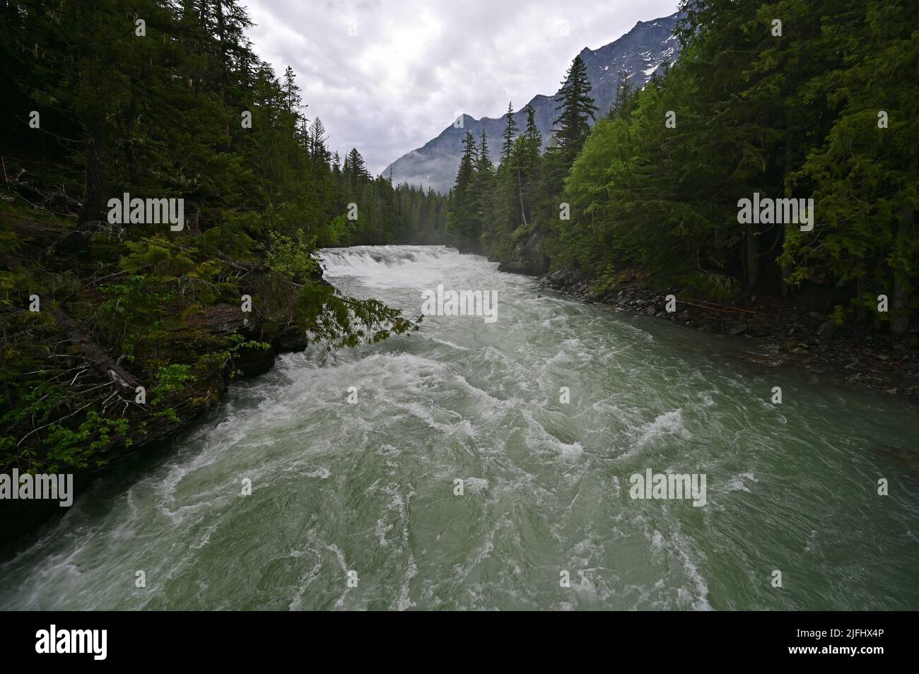 High levels and torrential water flow in McDonald Creek in Glacier ...