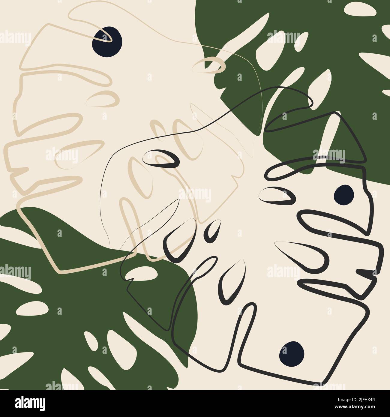 Monstera leaves one line drawing art poster. Continuous line style ...