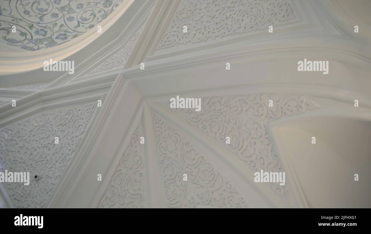 White new renovation. Scene. A bright white room with high ceilings ...