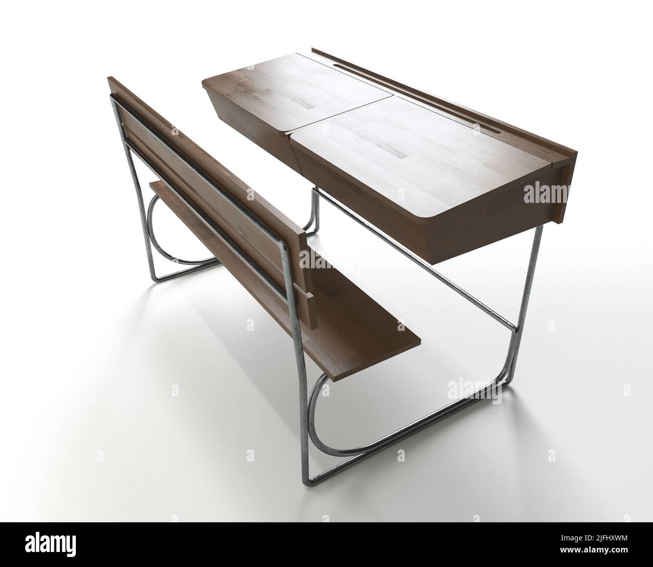 A vintage double seater wooden school desk with hinged lids and bench ...