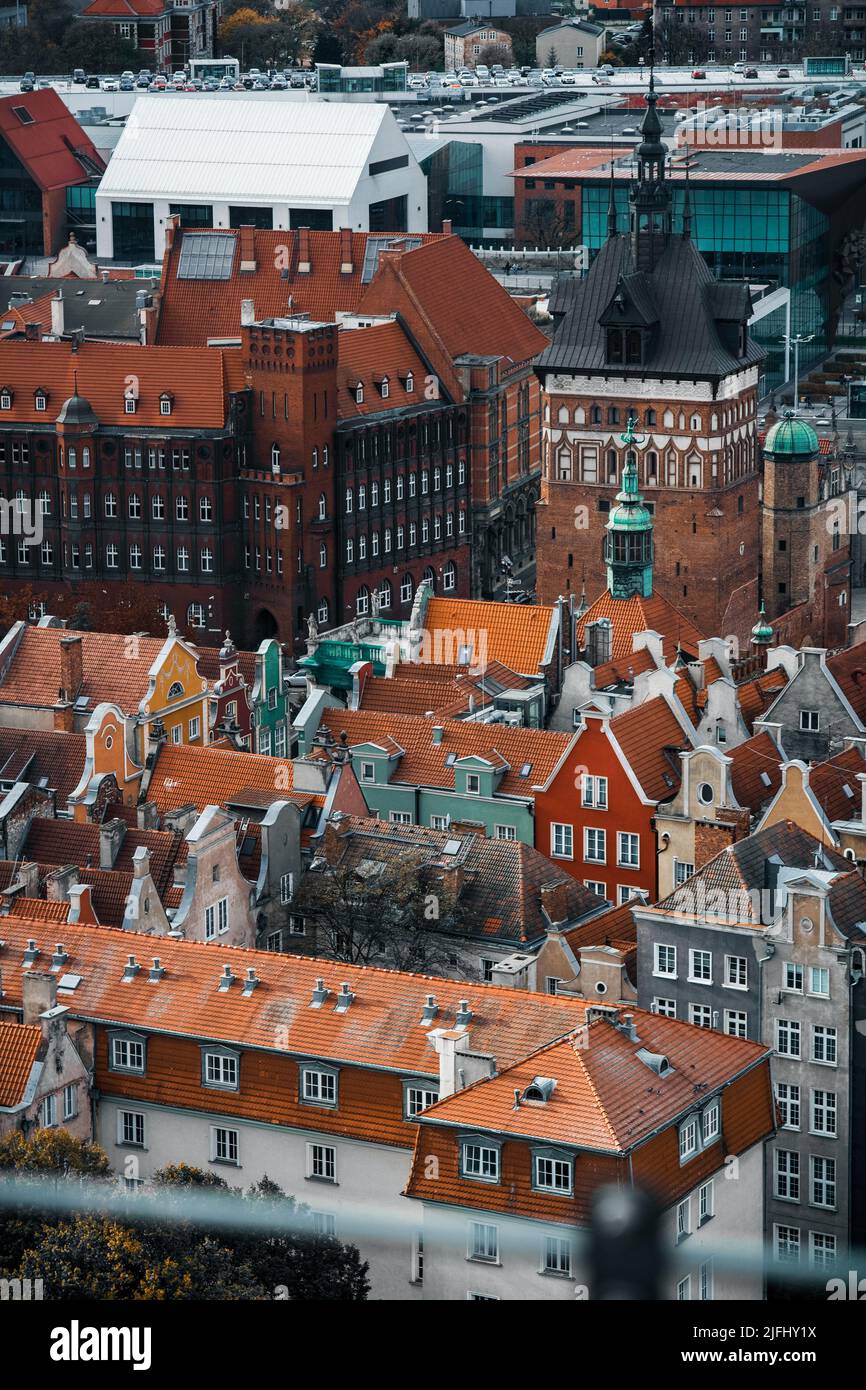 The view atop the Basilica of St. Mary overlooking old town Gdańsk ...