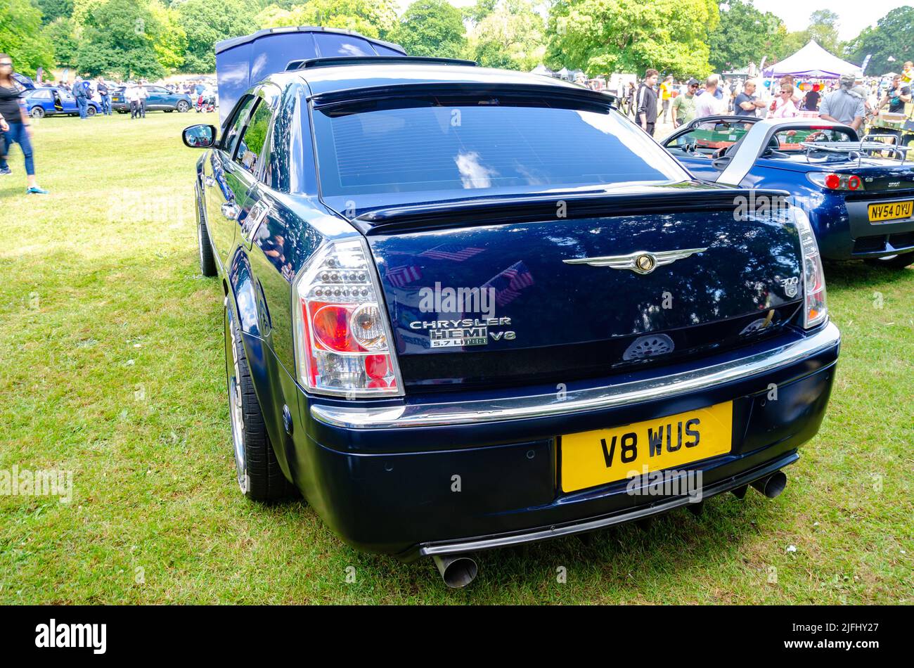 Rear view of a Chrysler 300 in blue at The Berkshire Motor Show in ...