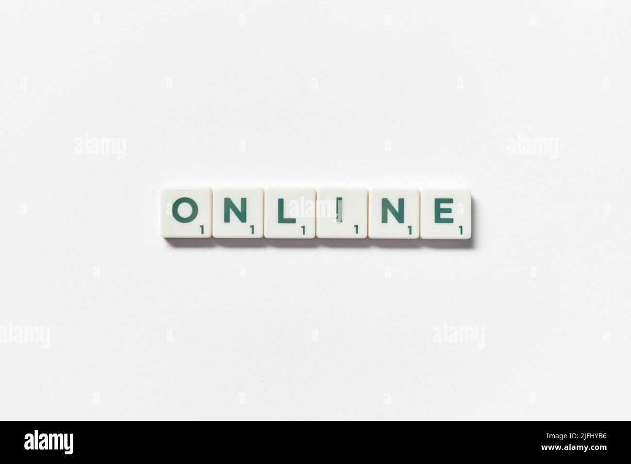Online formed of scrabble tiles on white background Stock Photo - Alamy